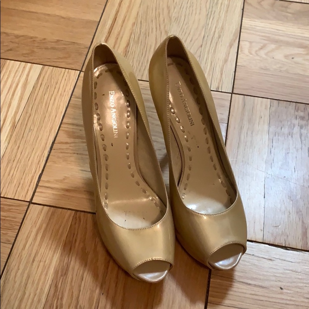 Tan Patent Leather Peep Toe Pumps - Gem